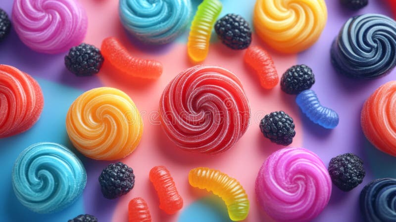 Colorful Candy Swirl Lollipops and Gummies on Pink Background Stock ...