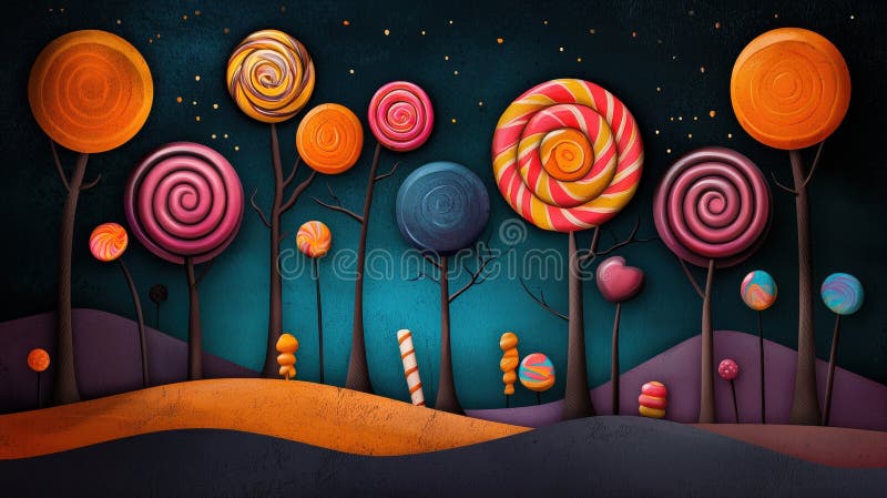 Colorful Candy Trees in a Whimsical Landscape at Night Stock ...