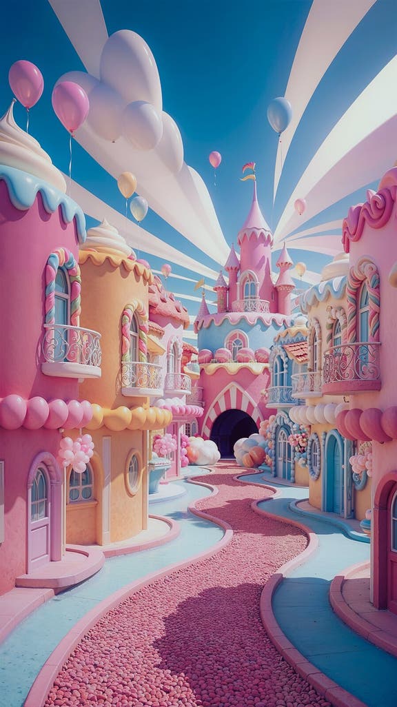 Colorful Candyland with Whimsical Structures Under a Bright Blue Sky ...