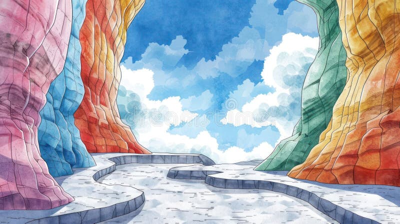 A Colorful Canyon Landscape with a Winding Path Under a Blue Sky Filled ...