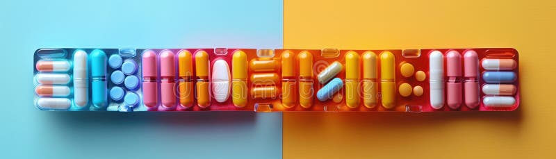 Colorful Capsules Arranged in a Row on a Blue and Yellow Background ...