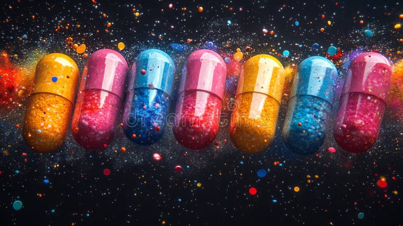 Colorful Capsules with Powder Explosion on Dark Background Stock Image ...