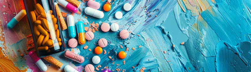 Colorful Capsules and Tablets on an Abstract Painted Background ...