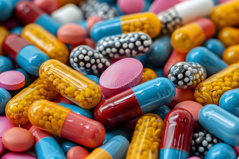 Colorful Capsules and Tablets in Assorted Piles of Medication Stock ...