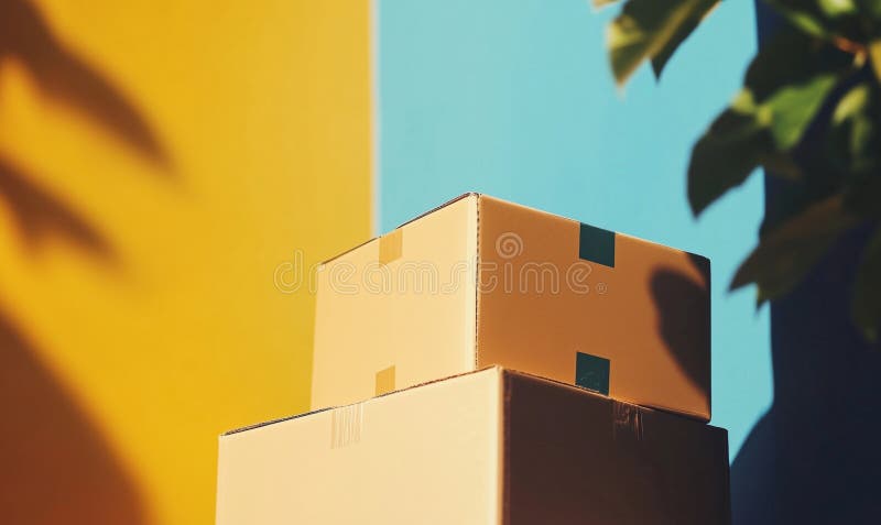 Colorful Cardboard Boxes Against Vibrant Yellow and Blue Background ...