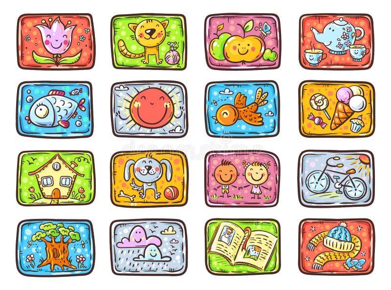 Colorful Cards with Different Objects and Animals for Some Game or Task ...