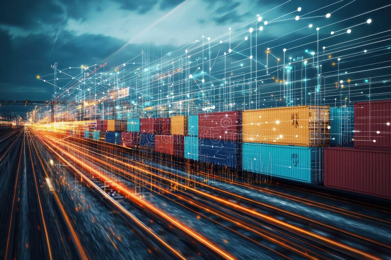 Colorful Cargo Containers on Freight Train Tracks with Visual Data ...