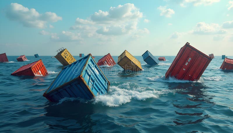 Colorful Cargo Containers Partially Submerged in Ocean Water Create a ...