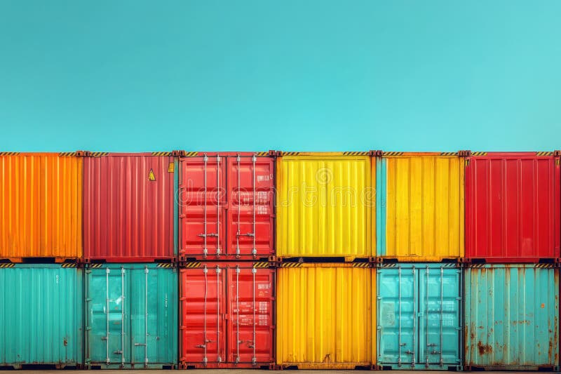 Colorful Cargo Containers Stacked Against Bright Blue Sky Create ...