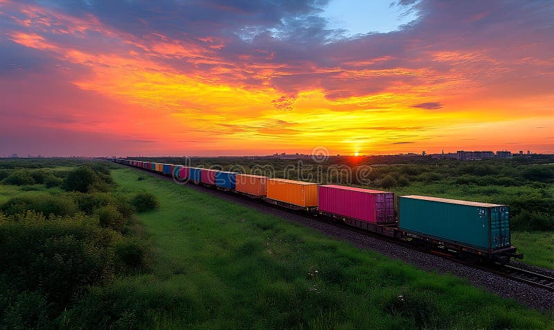 Sunset Freight Train stock illustration. Illustration of train - 375707943