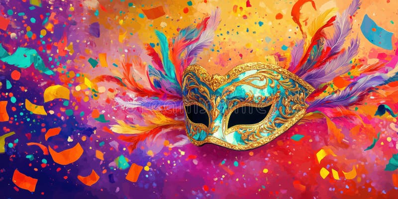 Colorful Carnival Mask with Feathers and Confetti on Vibrant Background ...