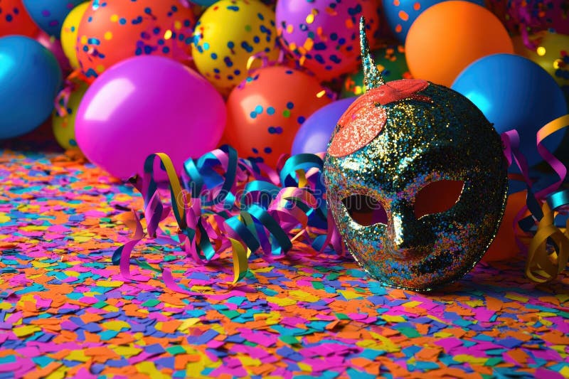 A Colorful Carnival Mask Surrounded by Balloons and Streamers Stock ...