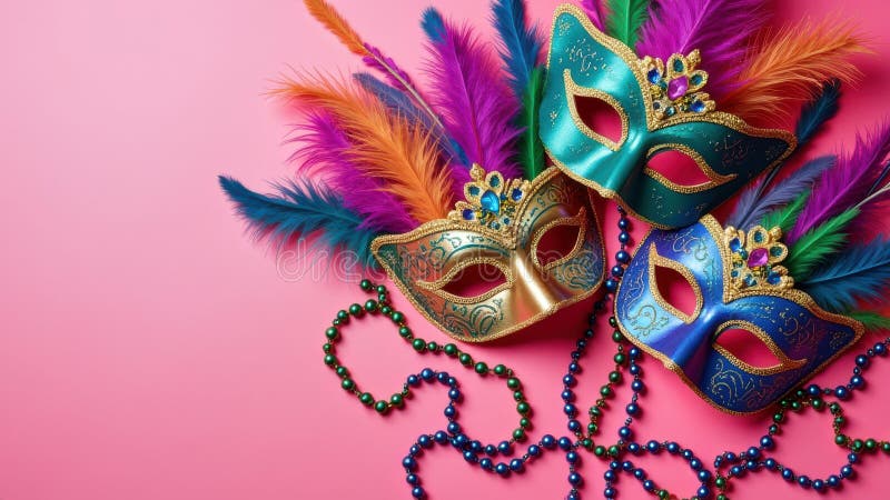 Colorful Carnival Masks with Feathers and Beads on Pink Background ...