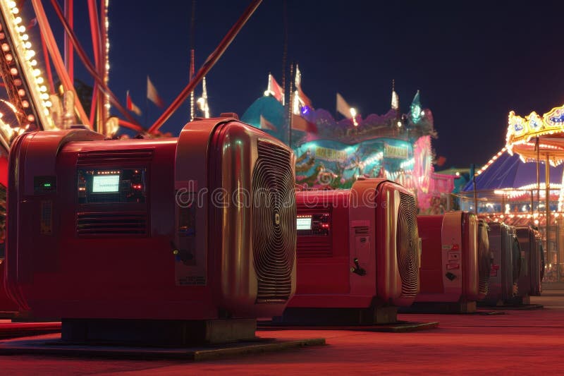 Colorful Carnival Rides and Generators Illuminated at Night Create a ...