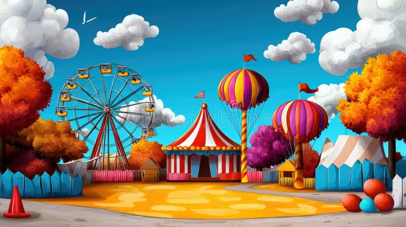 Colorful Carnival Scene with Rides and Attractions Stock Illustration ...