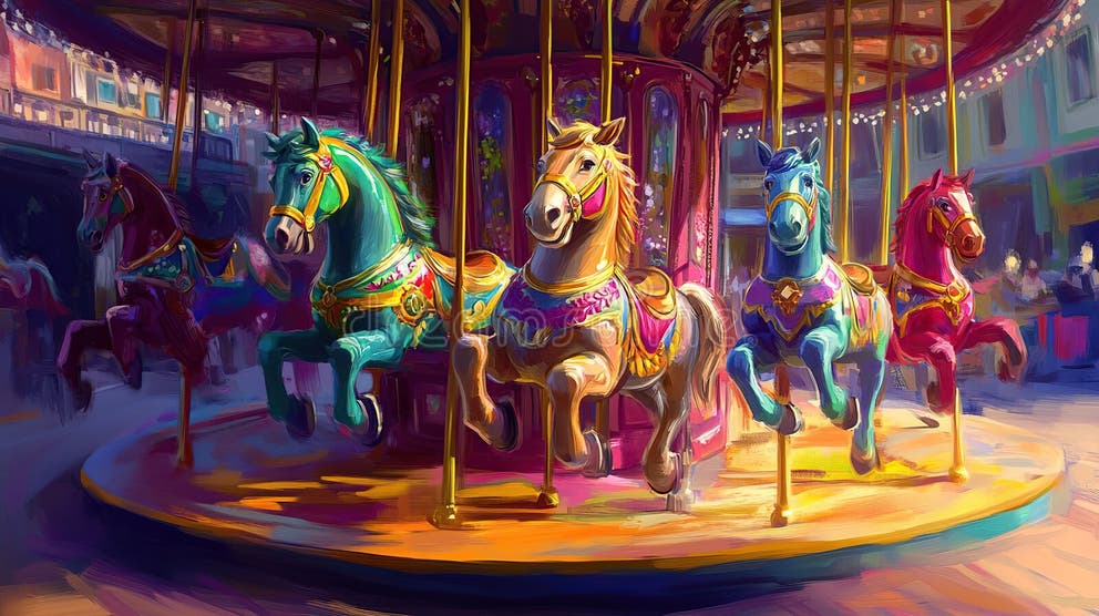 Colorful Carousel Horses in Motion Stock Illustration - Illustration of ...