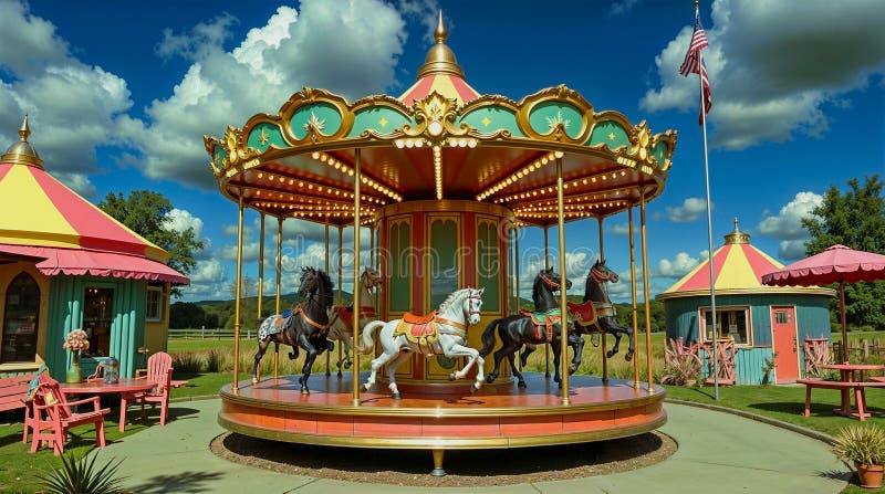 Colorful Carousel with Intricately Designed Horses in a Picturesque ...