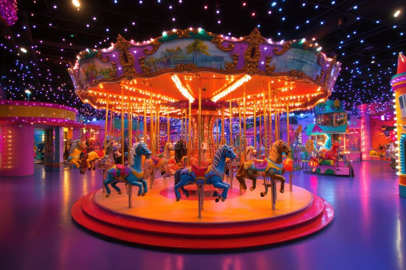 Colorful Carousel Ride Illuminated in a Vibrant Indoor Amusement Park ...
