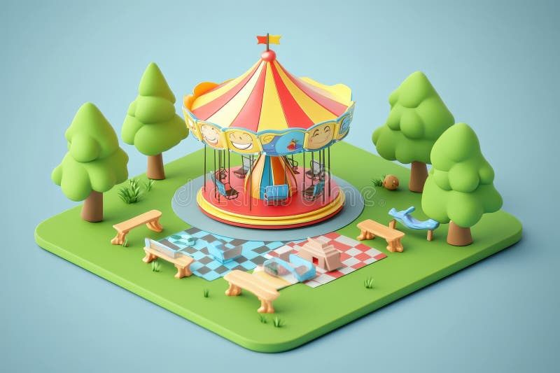 A Colorful Carousel Surrounded by Trees and Picnic Areas, Designed for ...