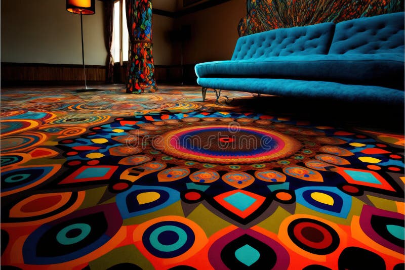 A Colorful Carpet with a Blue Couch and a Colorful Rug on the Floor ...