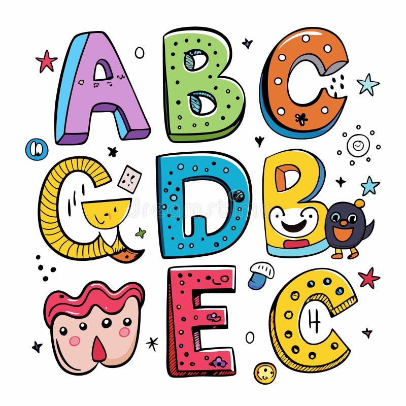 Colorful Cartoon Alphabet Letters with Cute Faces and Doodle Stock ...