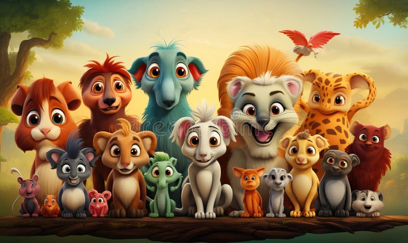 Colorful Cartoon Animals on a Blurred Background. Stock Photo - Image ...