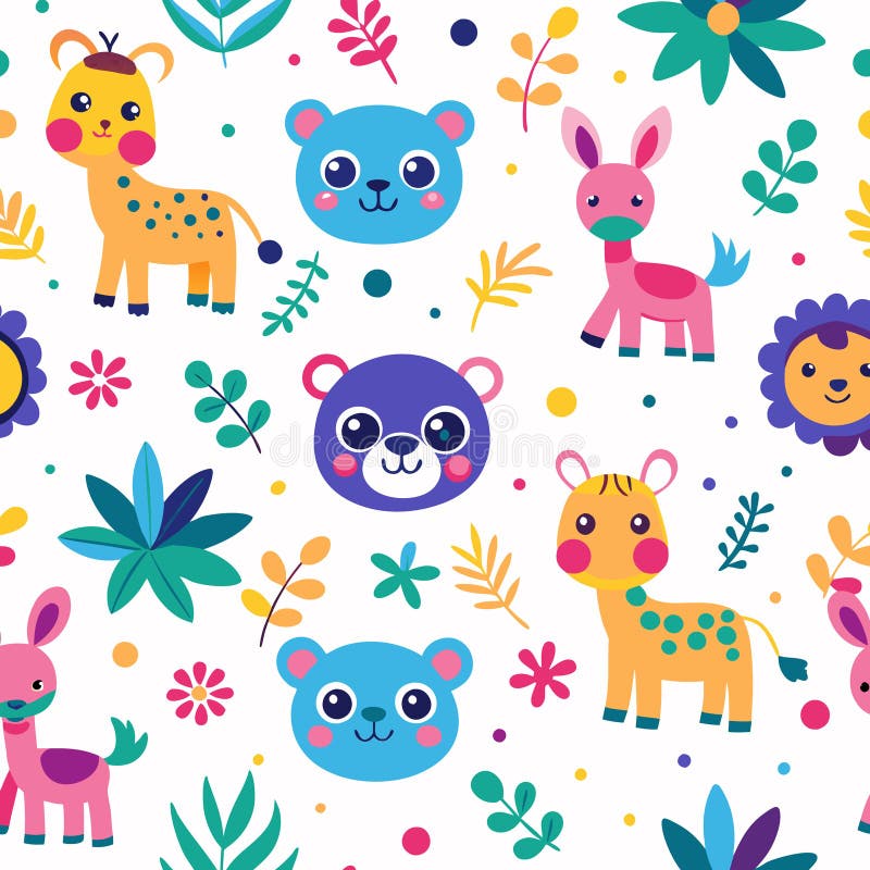 Colorful Cartoon Animals and Floral Seamless Pattern Stock Vector ...