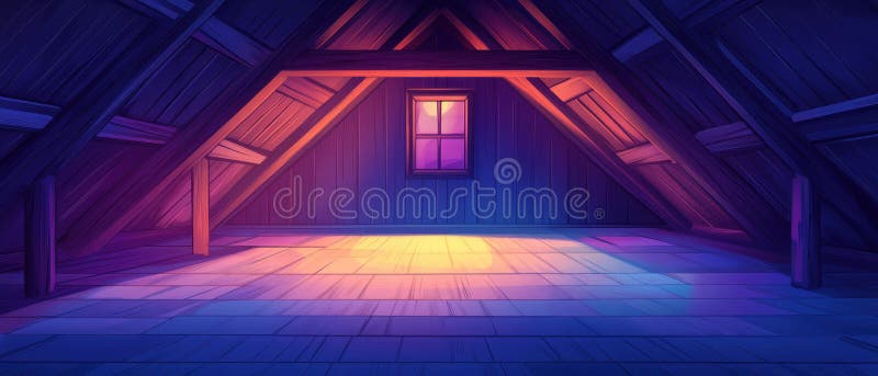 Colorful Cartoon Attic at Night with Bright Shadows and Windows Stock ...