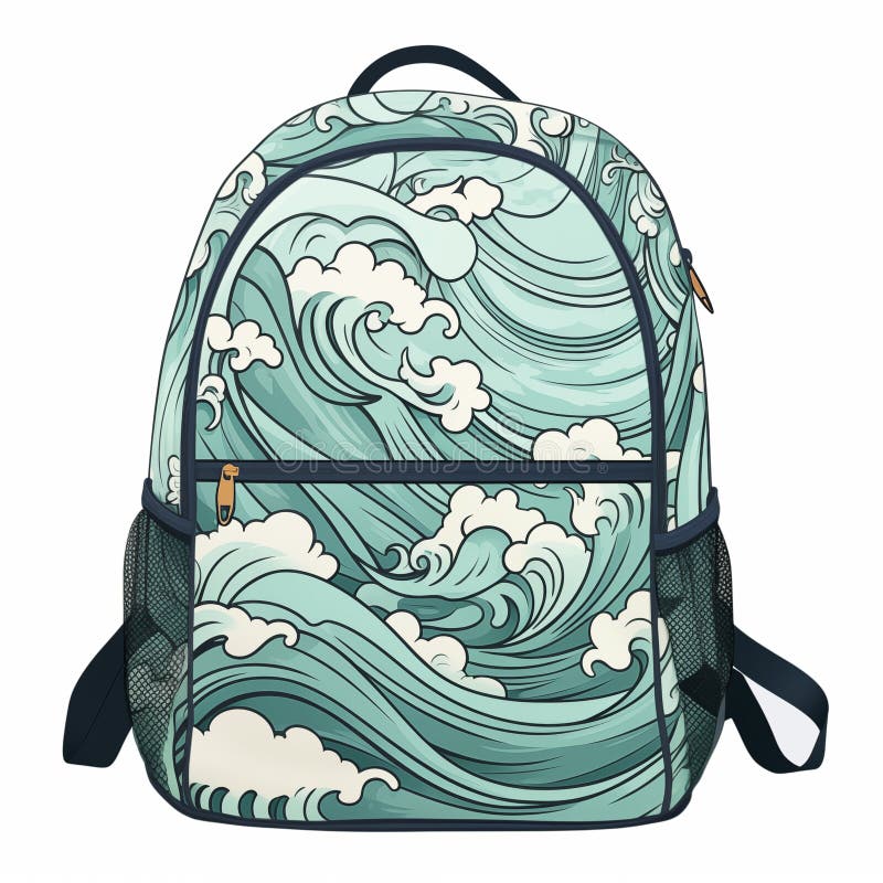 A Colorful Cartoon Backpack Featuring Wave Patterns and Cloud Designs ...