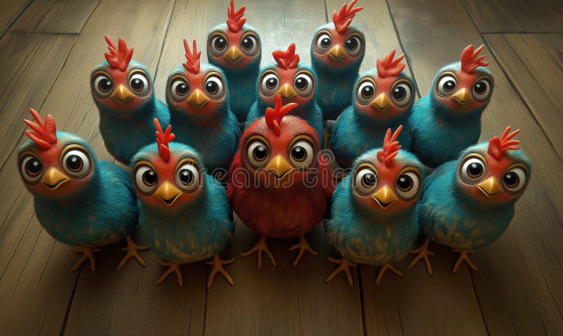 Colorful Cartoon Birds with Big Eyes and Fluffy Feathers in a Group ...