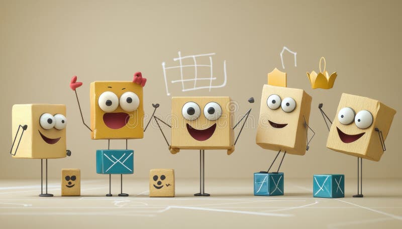 Colorful Cartoon Blocks with Faces Celebrating Together in a Cheerful ...