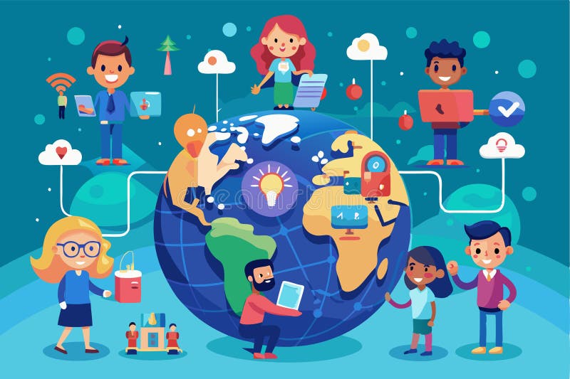 Colorful Cartoon Characters Interact Across a Globe, Showcasing ...