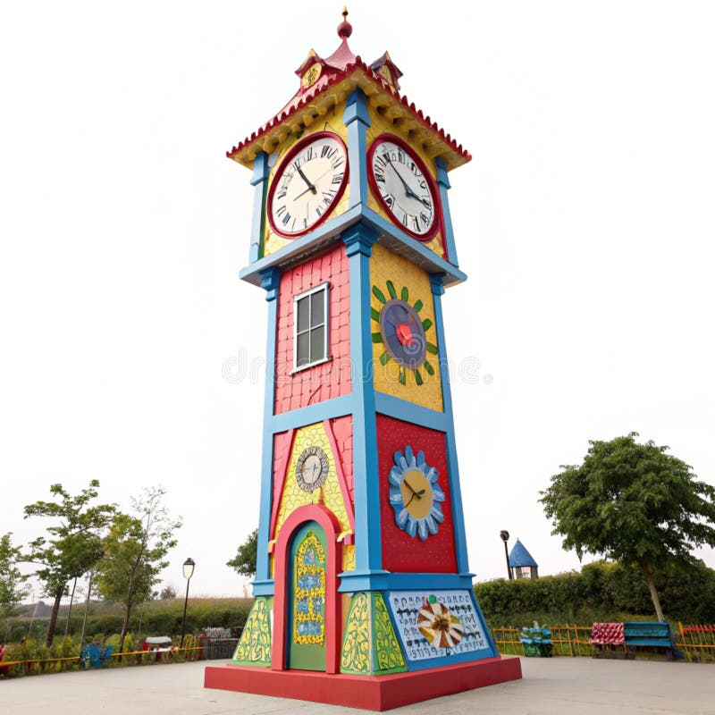 Colorful Cartoon Clock Tower on Transparent Background Stock ...