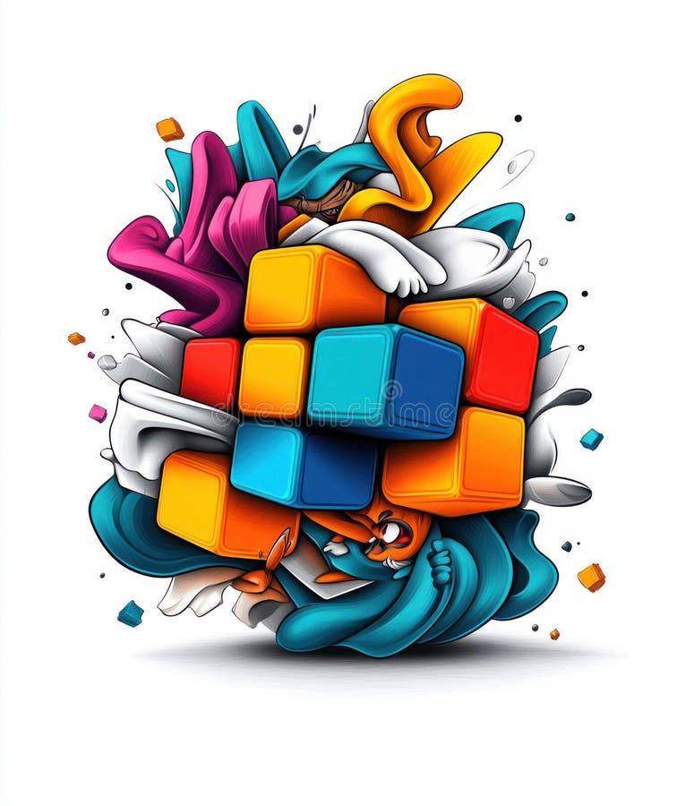 Colorful Cartoon Cube with Expressive Faces on Each Side Stock ...