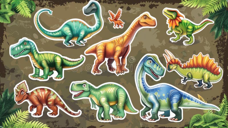 Colorful Cartoon Dinosaur Stickers Stock Illustration - Illustration of ...