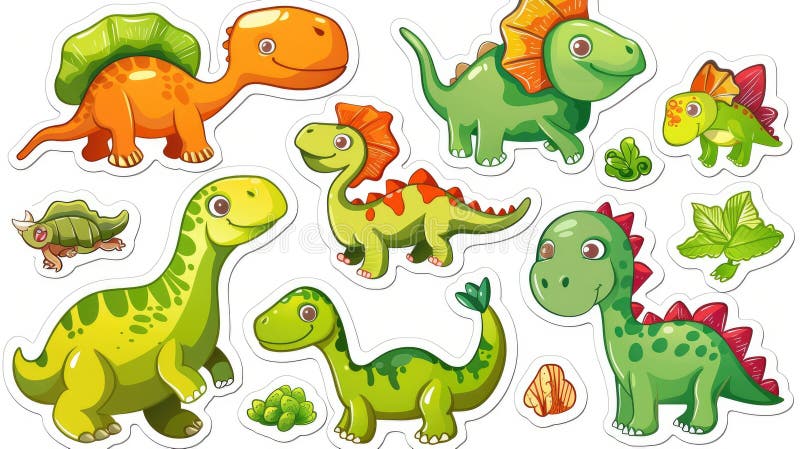 Colorful Cartoon Dinosaur Stickers Stock Illustration - Illustration of ...