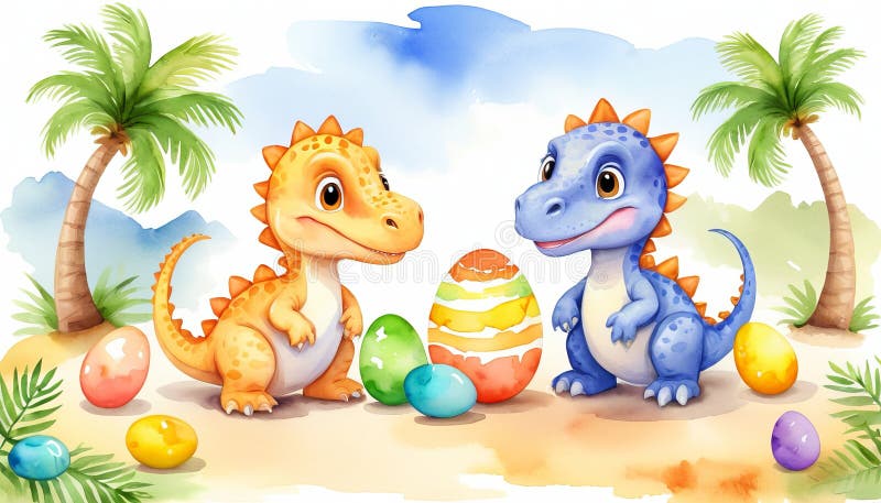 Colorful Cartoon Dinosaurs with Easter Eggs in a Tropical Setting Stock Image - Image of fantasy ...