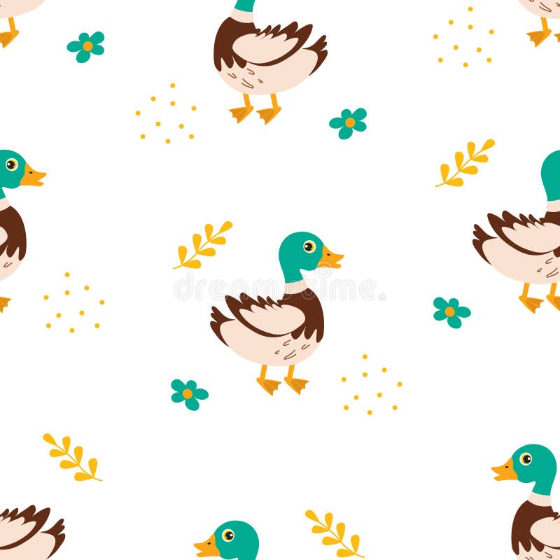 Colorful Cartoon Ducks and Floral Elements Create Playful Pattern on a ...