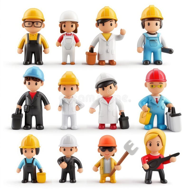 Adorable Cartoon Construction Worker Team: Diverse Professions in 3D ...