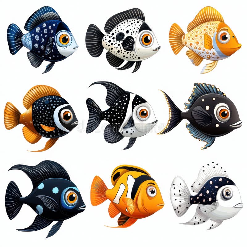 Colorful Cartoon Fish in Various Styles and Patterns, Showcasing ...