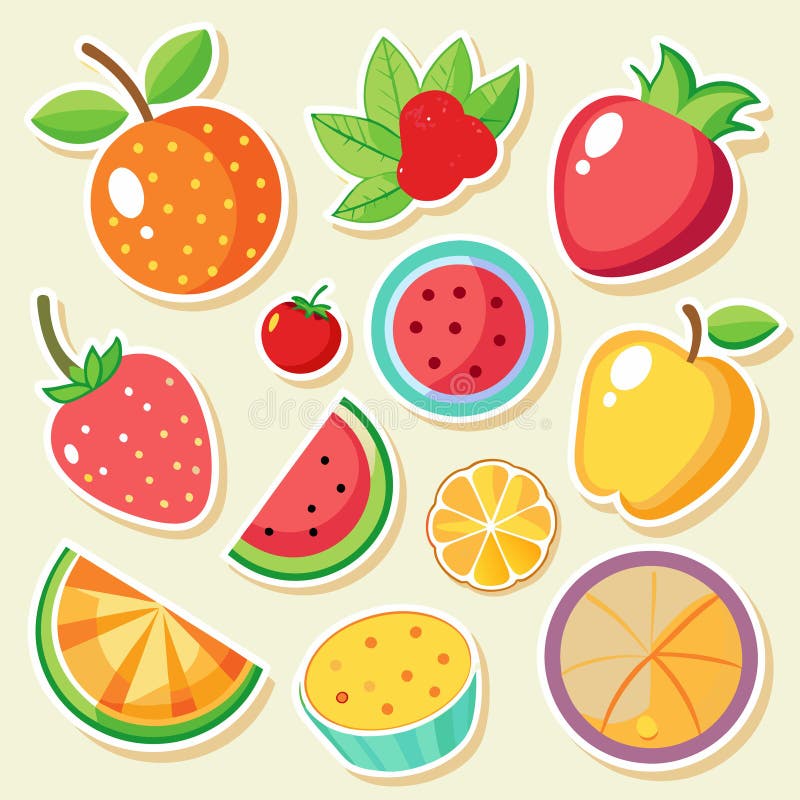 Colorful Cartoon Fruit Stickers with Various Shapes and Sizes Stock ...