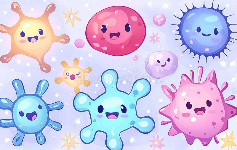 Colorful Cartoon Germs and Bacteria with Happy Faces Floating Against a ...