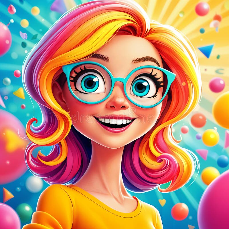 Colorful Cartoon Girl With Glasses And A Yellow Shirt Stock Illustration Illustration Of