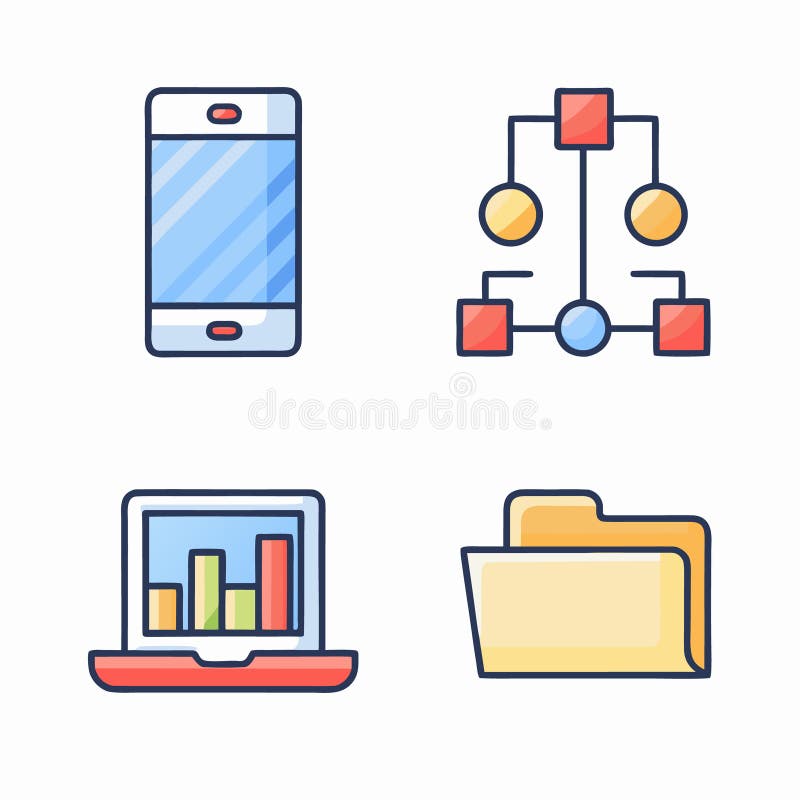 A Colorful Cartoon Illustration Shows Data, Phone, Chart and Structure ...