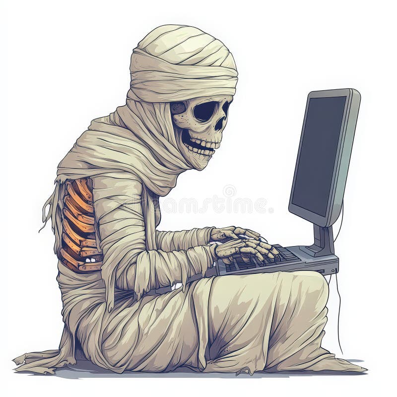 Mummy Working on a Computer in a Bright Setting with a Modern Twist on ...