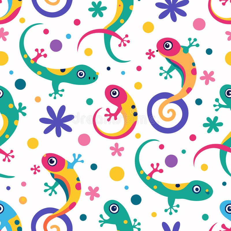Colorful Cartoon Lizards and Flowers Seamless Pattern Stock Vector ...
