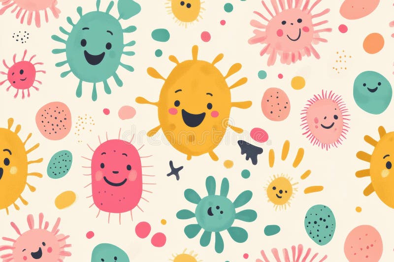 Colorful Cartoon Microbes with Smiles Create a Cheerful Pattern ...