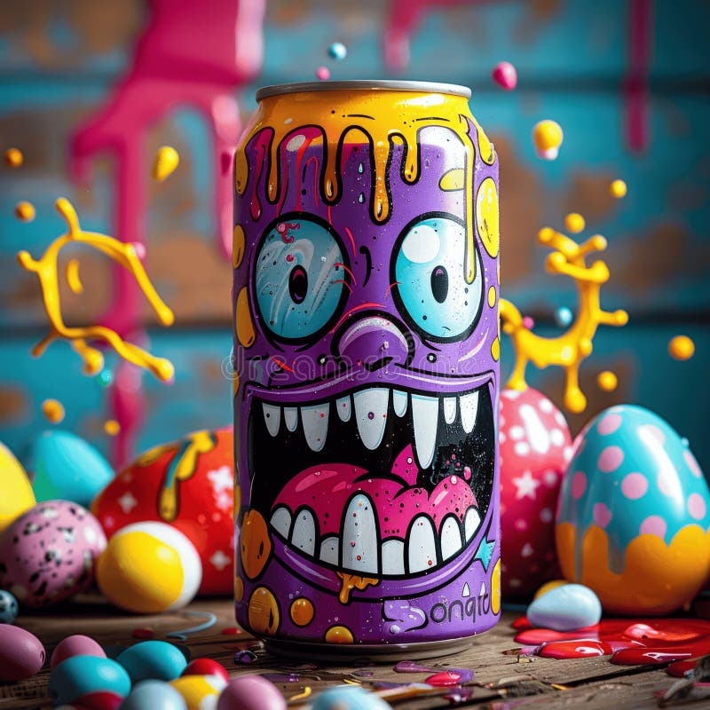 Colorful Cartoon Monster Energy Drink Can with Festive Elements in ...