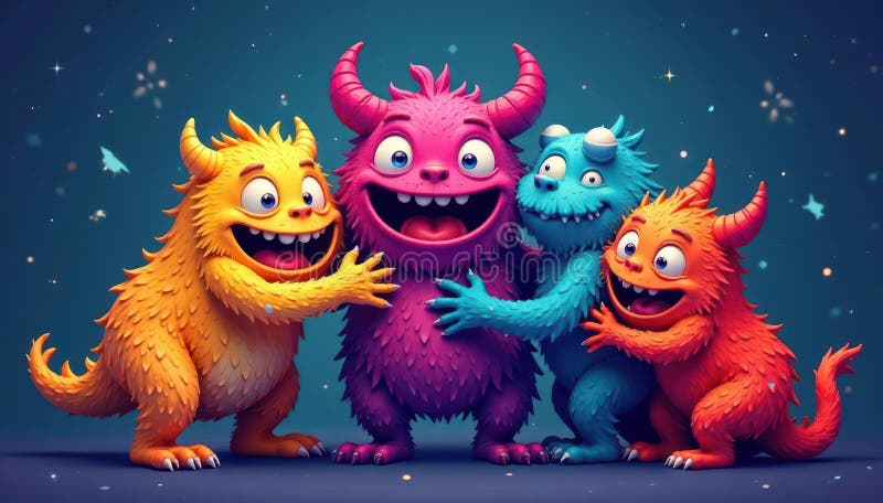 Colorful Cartoon Monster Group Hug, Halftone Texture, Fun Design ...