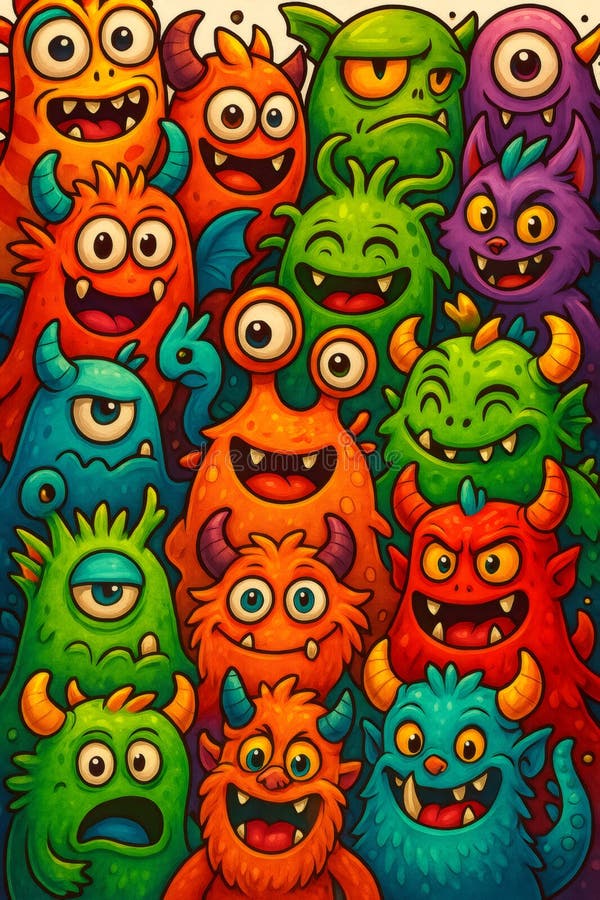 Crowd of Friendly Cartoon Monsters Smiling and Having Fun Stock ...